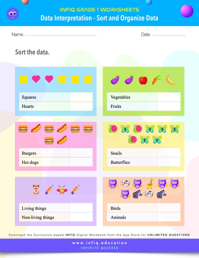 INFIQ | GRADE 1 Math Worksheets- Data Interpretation - Sort & Organize Data