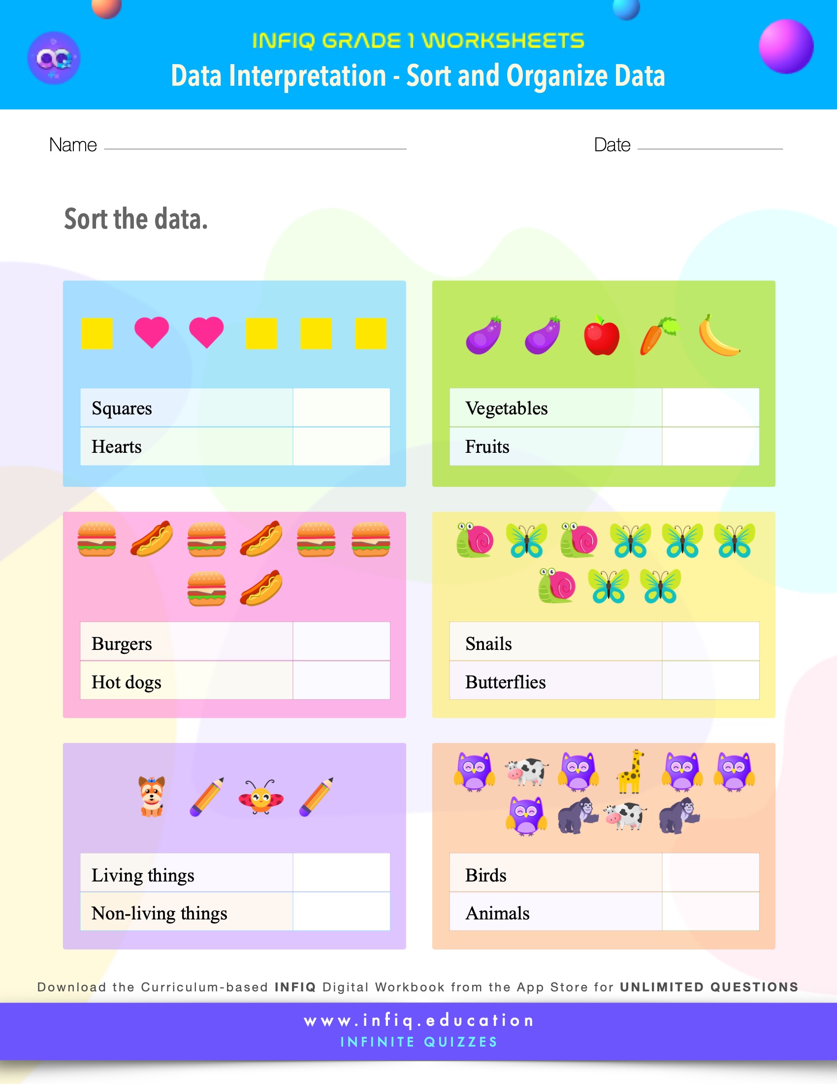INFIQ | GRADE 1 Math Worksheets- Data Interpretation - Sort & Organize Data