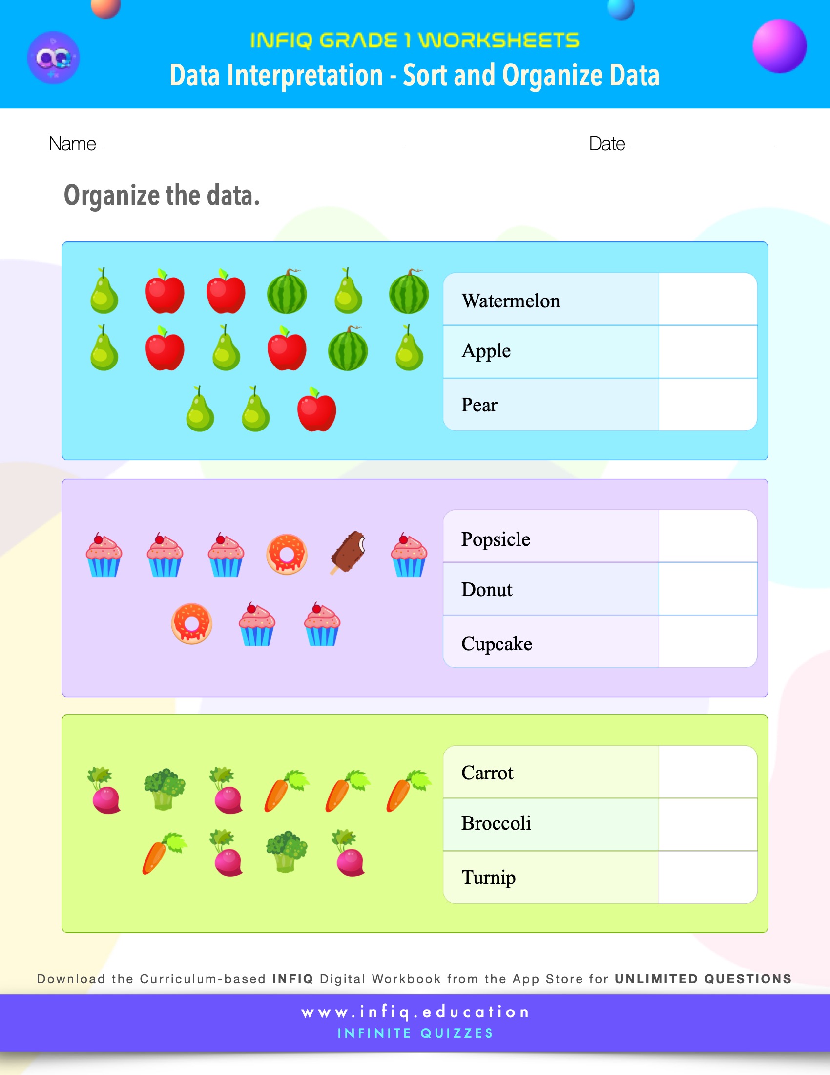 INFIQ | GRADE 1 Math Worksheets- Data Interpretation - Sort & Organize Data