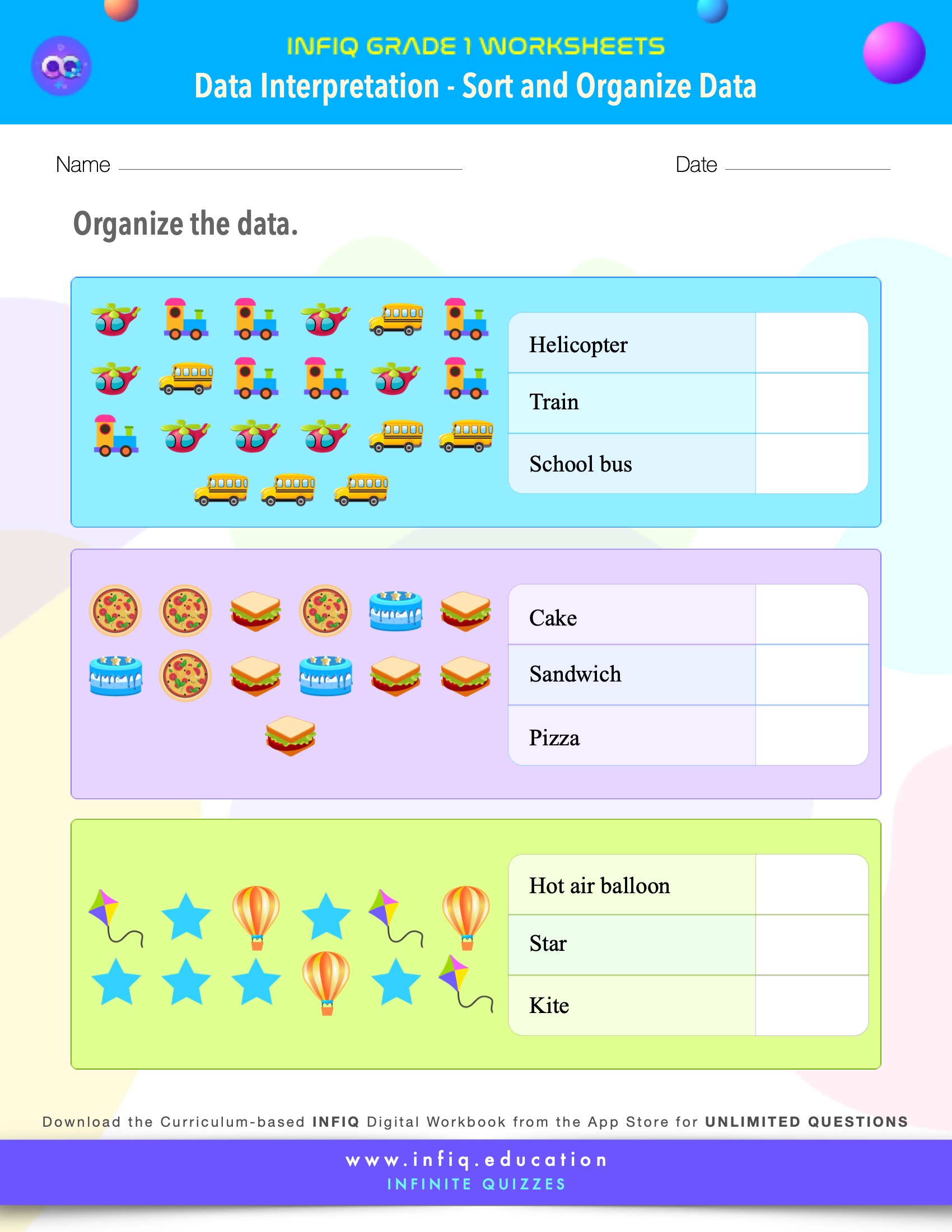 INFIQ | GRADE 1 Math Worksheets- Data Interpretation - Sort & Organize Data