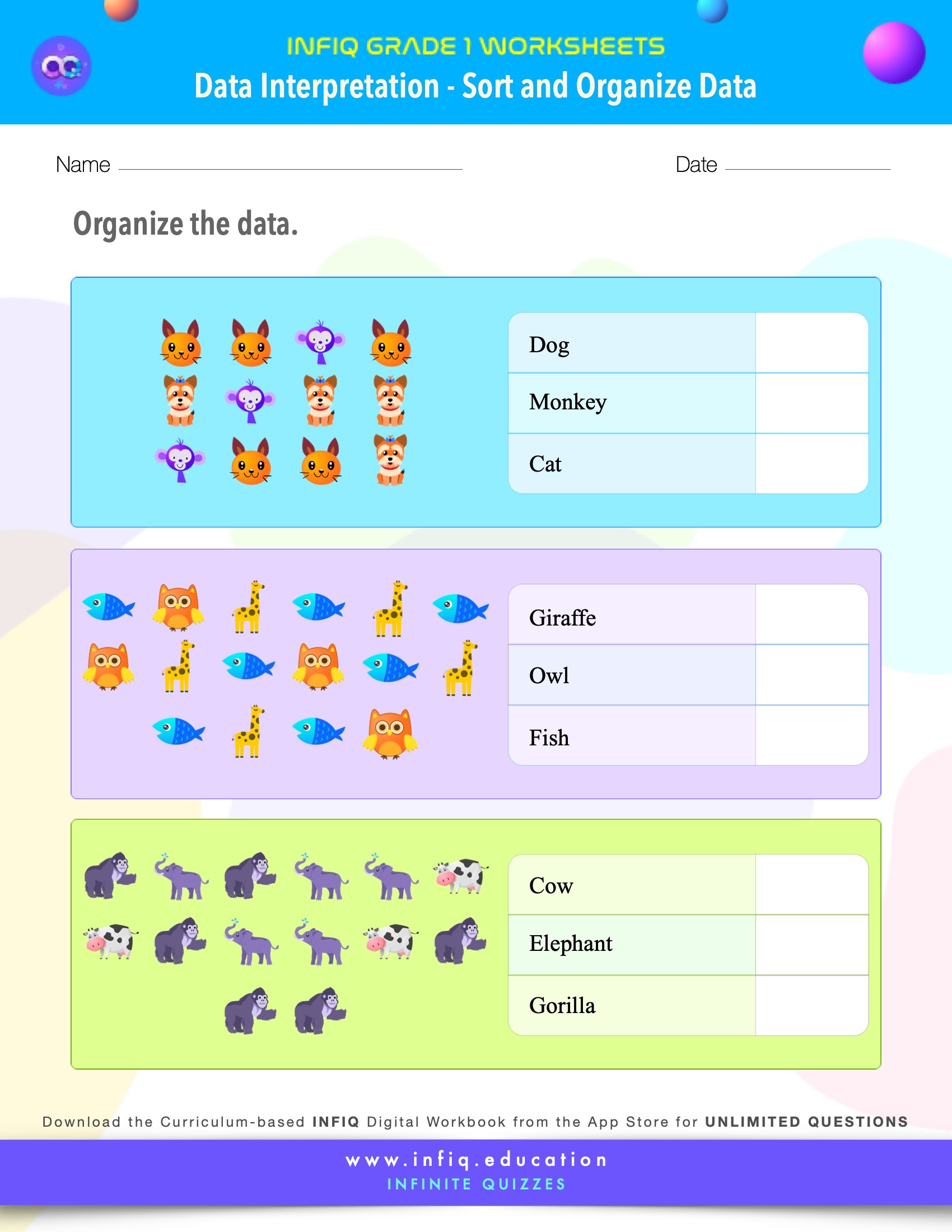 INFIQ | GRADE 1 Math Worksheets- Data Interpretation - Sort & Organize Data