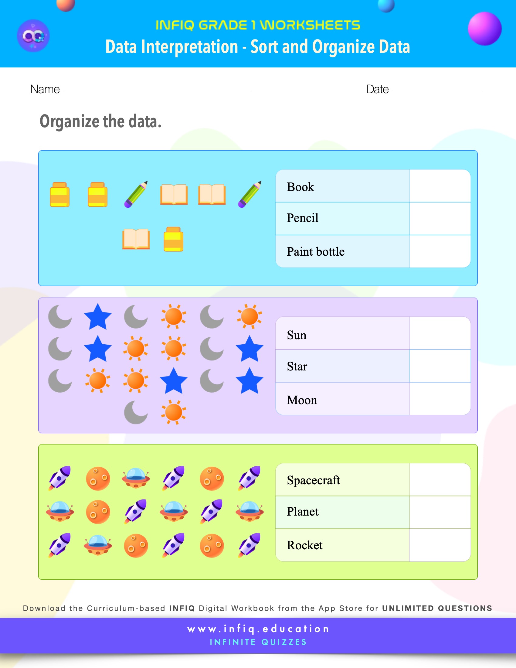 INFIQ | GRADE 1 Math Worksheets- Data Interpretation - Sort & Organize Data