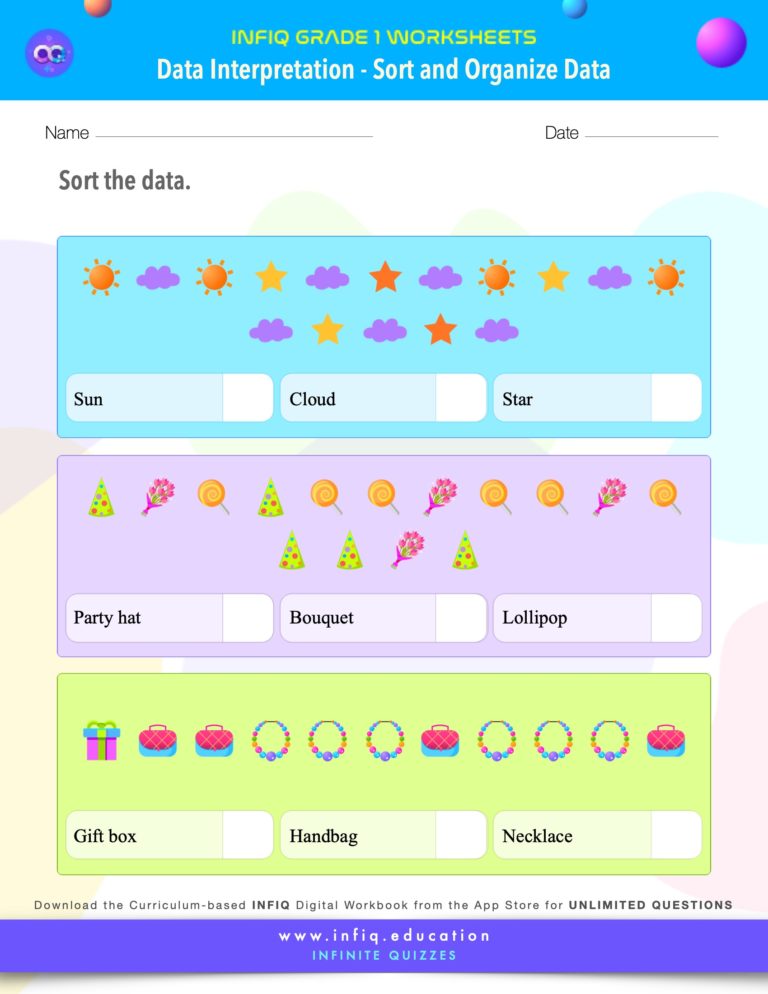 INFIQ | GRADE 1 Math Worksheets- Data Interpretation - Sort & Organize Data