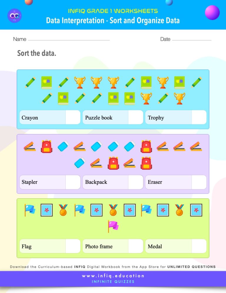 INFIQ | GRADE 1 Math Worksheets- Data Interpretation - Sort & Organize Data