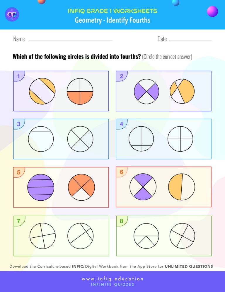 INFIQ | GRADE 1 Math Worksheets- Geometry - Identify Fourths