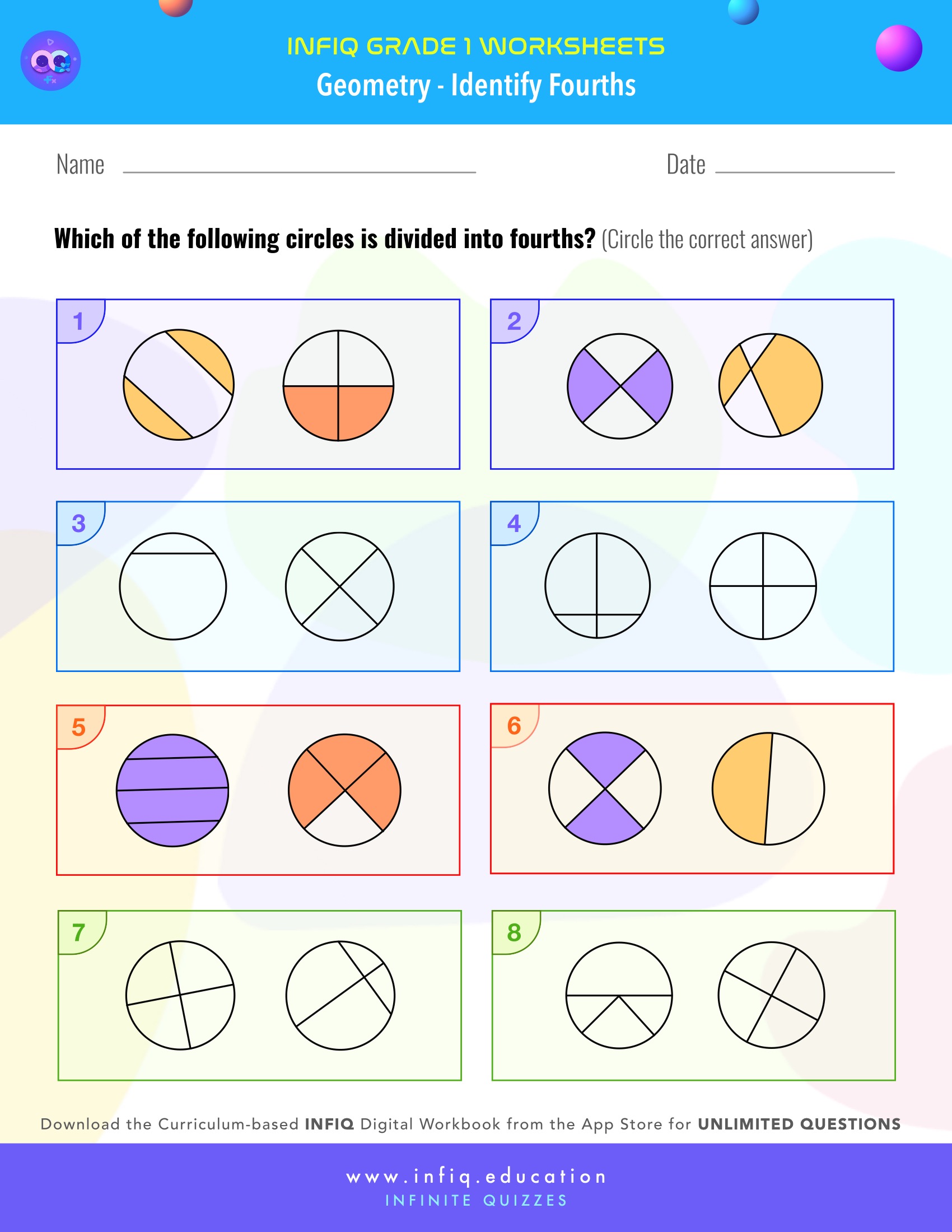 INFIQ | GRADE 1 Math Worksheets- Geometry - Identify Fourths