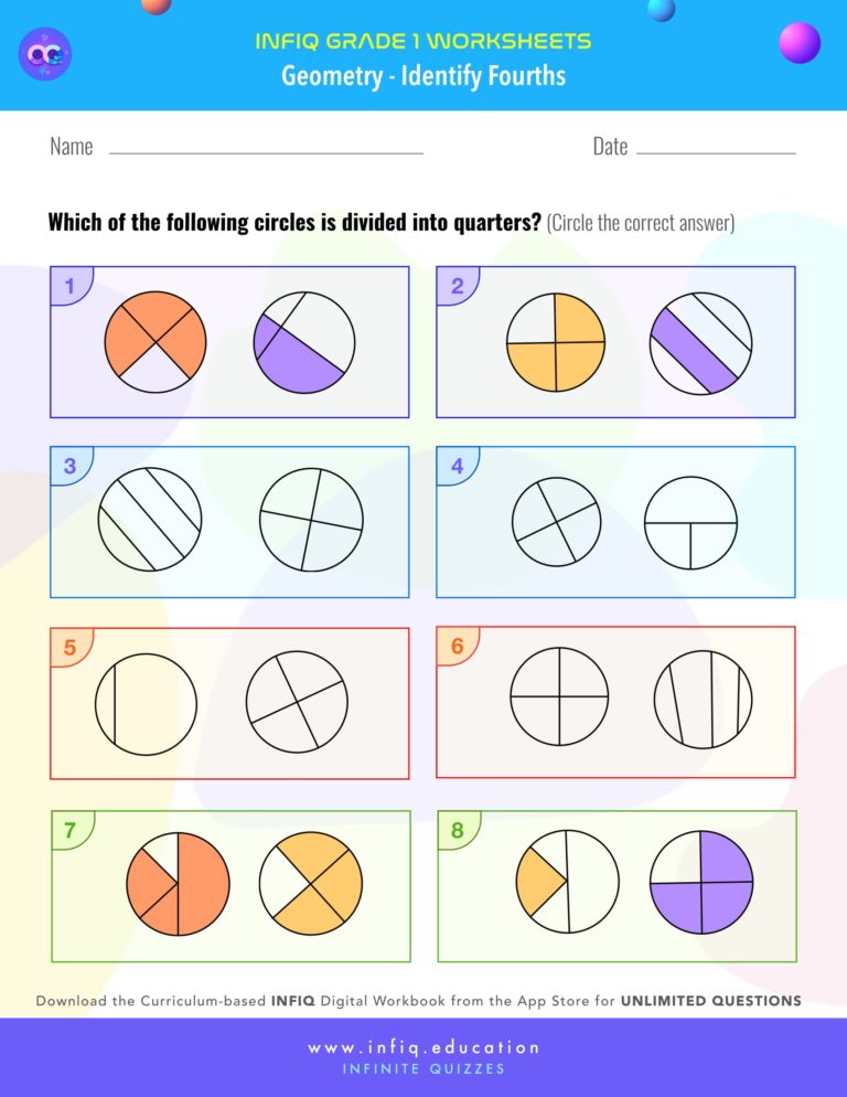 INFIQ | GRADE 1 Math Worksheets- Geometry - Identify Fourths