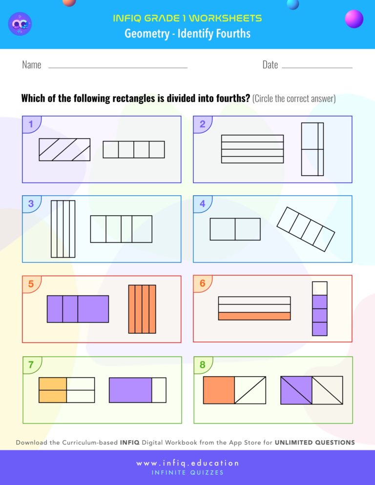 INFIQ | GRADE 1 Math Worksheets- Geometry - Identify Fourths
