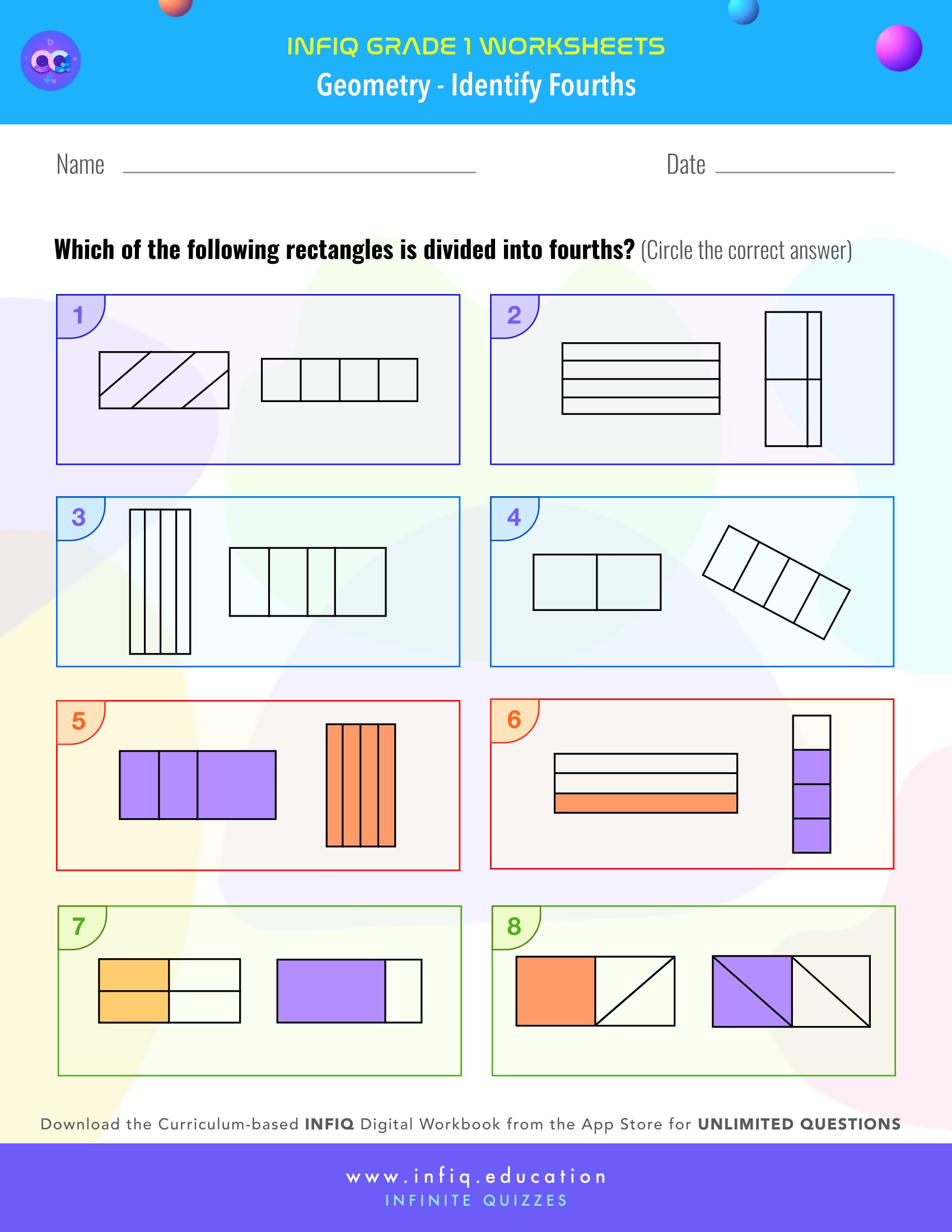 INFIQ | GRADE 1 Math Worksheets- Geometry - Identify Fourths
