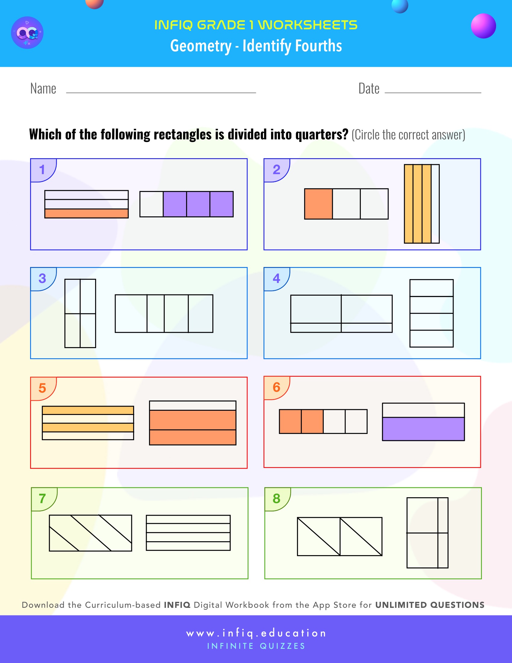 INFIQ | GRADE 1 Math Worksheets- Geometry - Identify Fourths