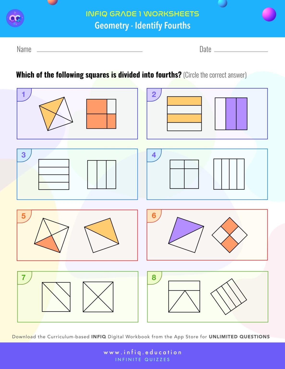 INFIQ | GRADE 1 Math Worksheets- Geometry - Identify Fourths