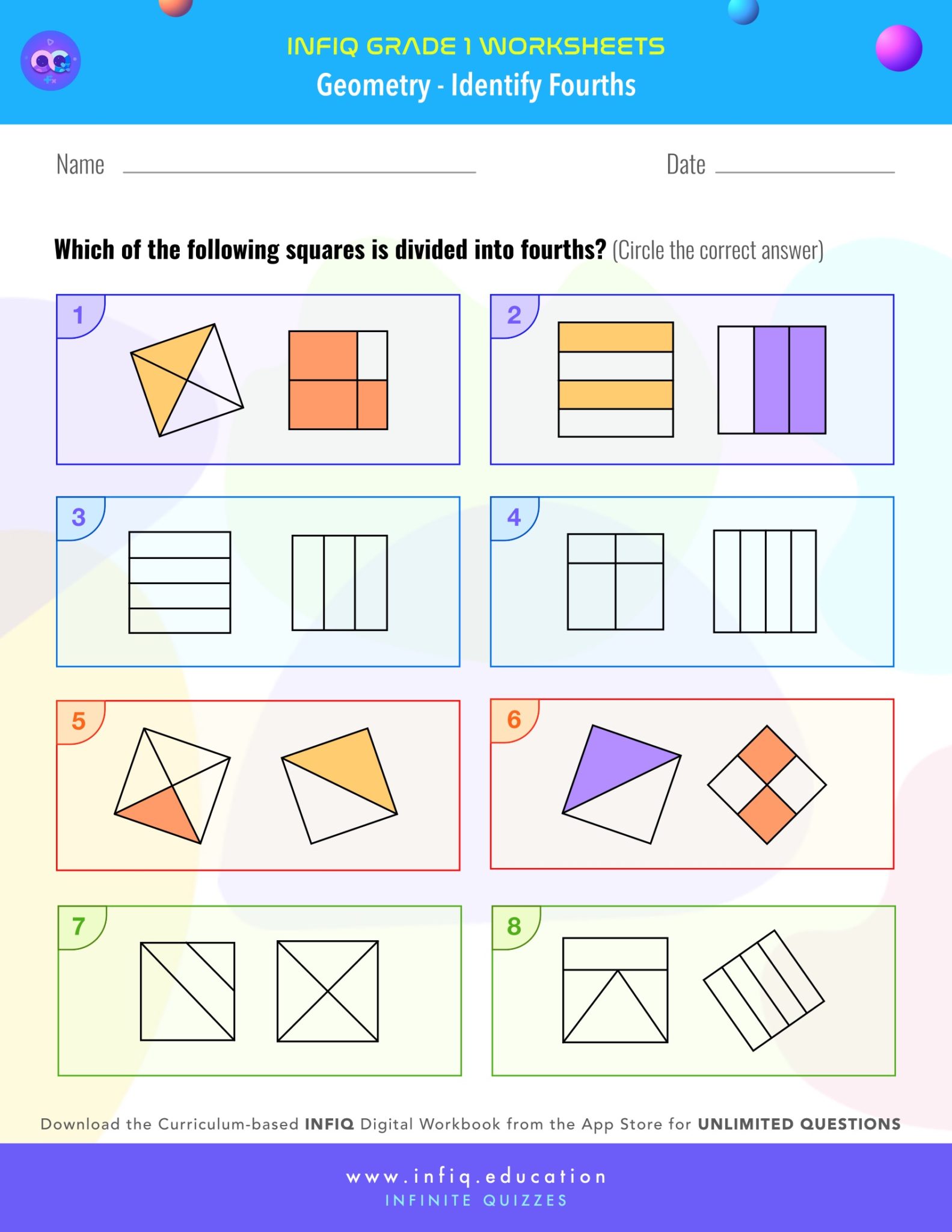 INFIQ | GRADE 1 Math Worksheets- Geometry - Identify Fourths