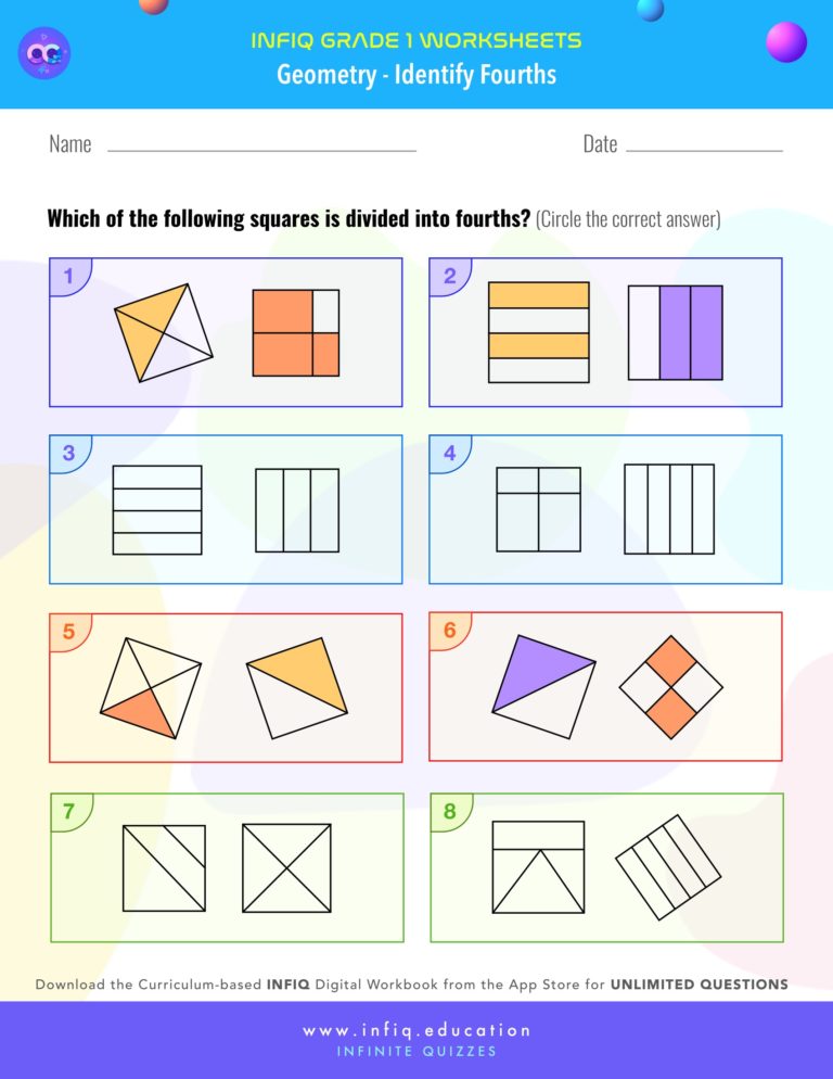 INFIQ | GRADE 1 Math Worksheets- Geometry - Identify Fourths