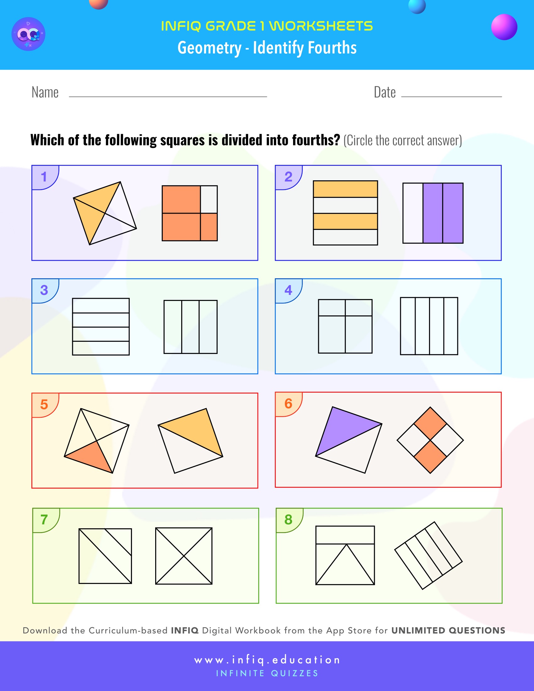 INFIQ | GRADE 1 Math Worksheets- Geometry - Identify Fourths