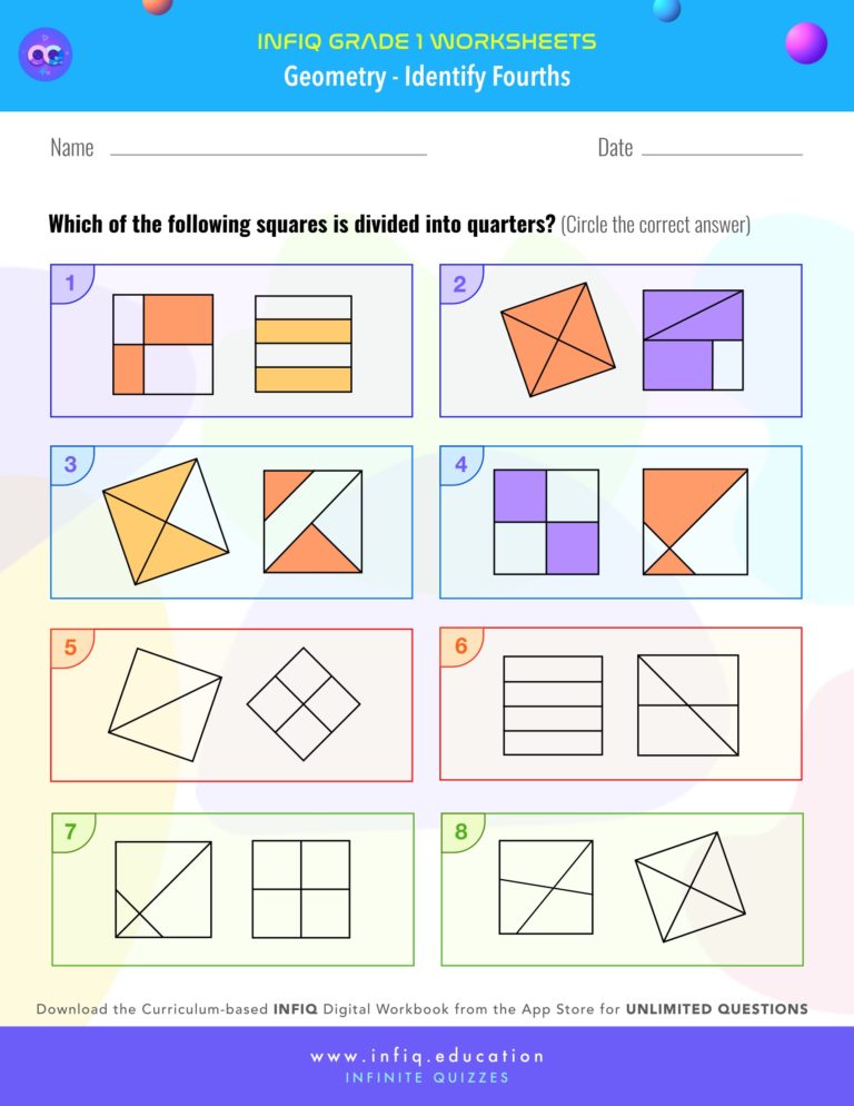 INFIQ | GRADE 1 Math Worksheets- Geometry - Identify Fourths