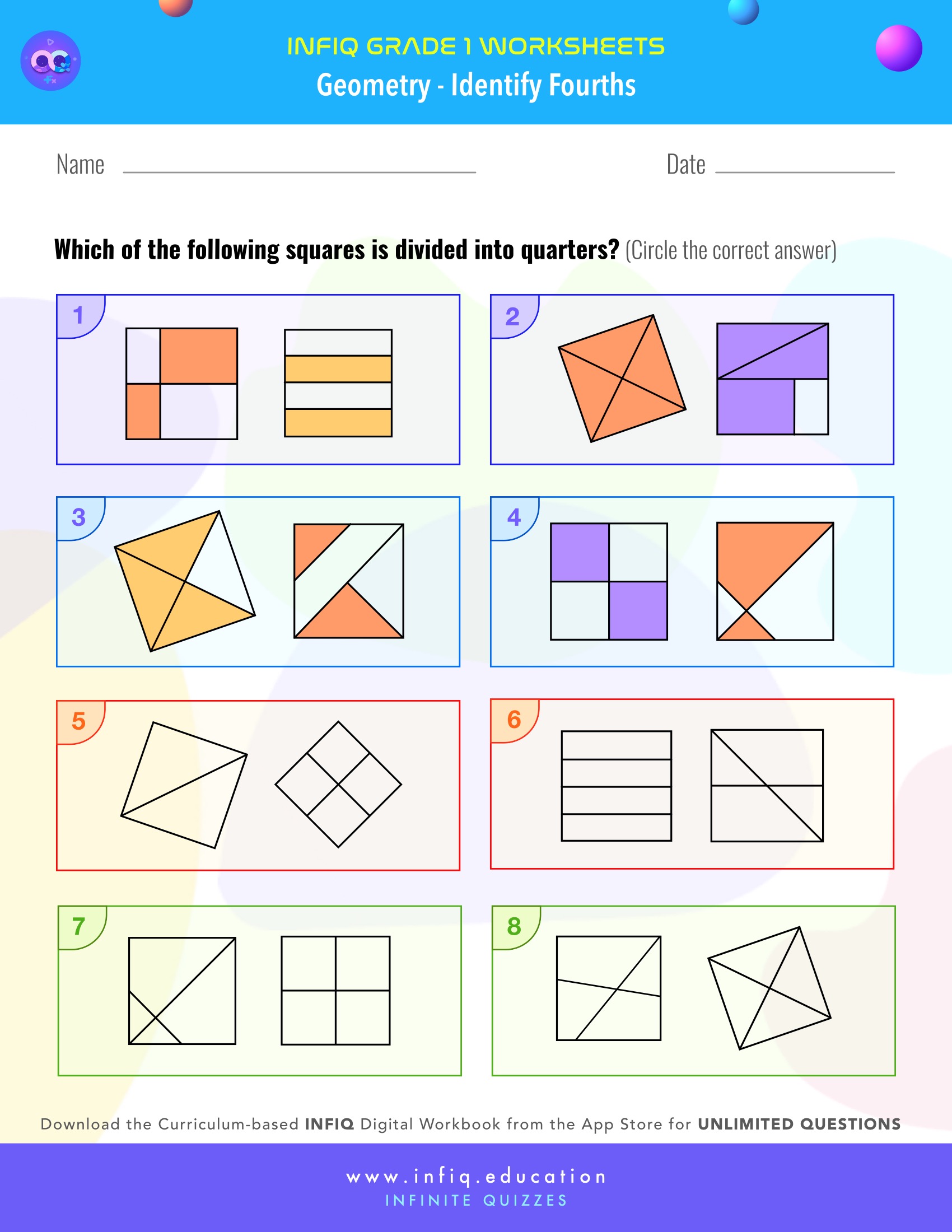 INFIQ | GRADE 1 Math Worksheets- Geometry - Identify Fourths