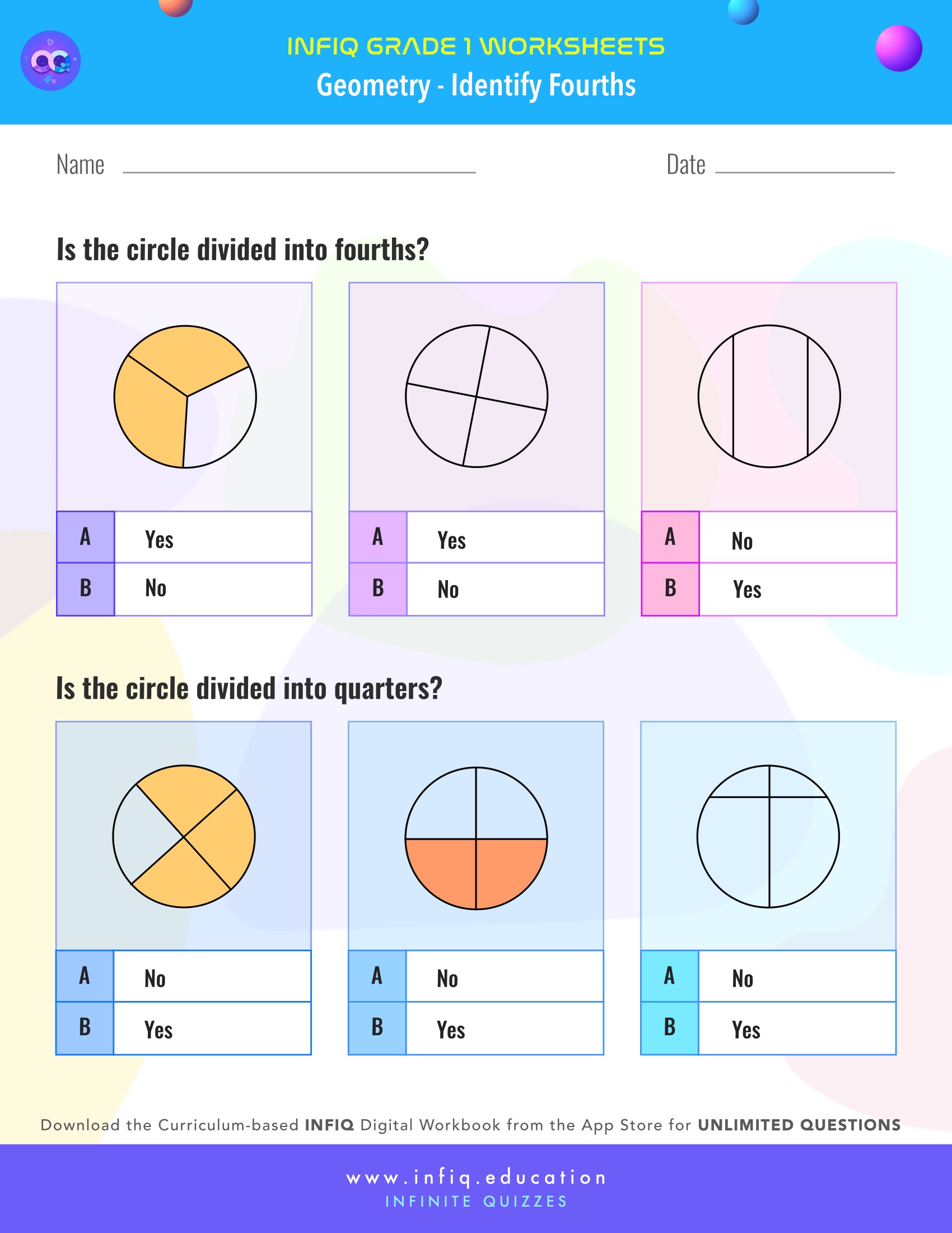 INFIQ | GRADE 1 Math Worksheets- Geometry - Identify Fourths