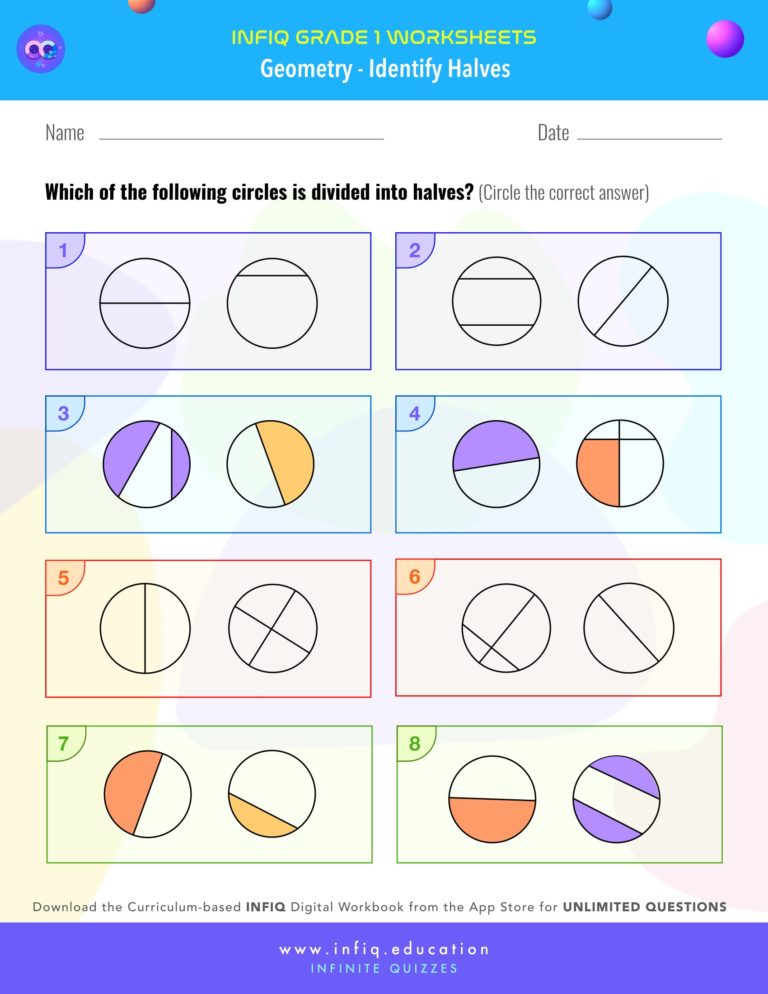 INFIQ | GRADE 1 Math Worksheets- Geometry - Identify Halves