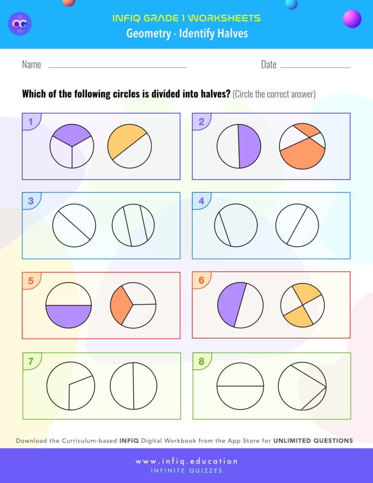 INFIQ | GRADE 1 Math Worksheets- Geometry - Identify Halves