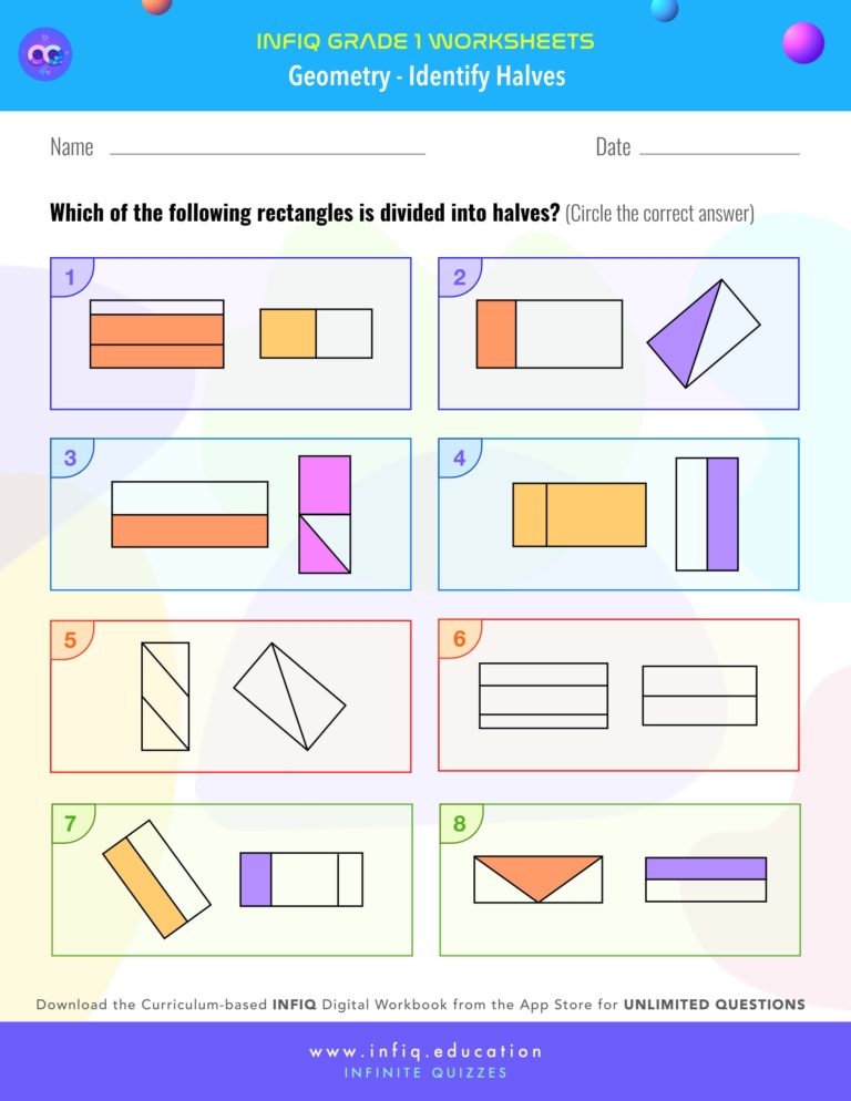 INFIQ | GRADE 1 Math Worksheets- Geometry - Identify Halves
