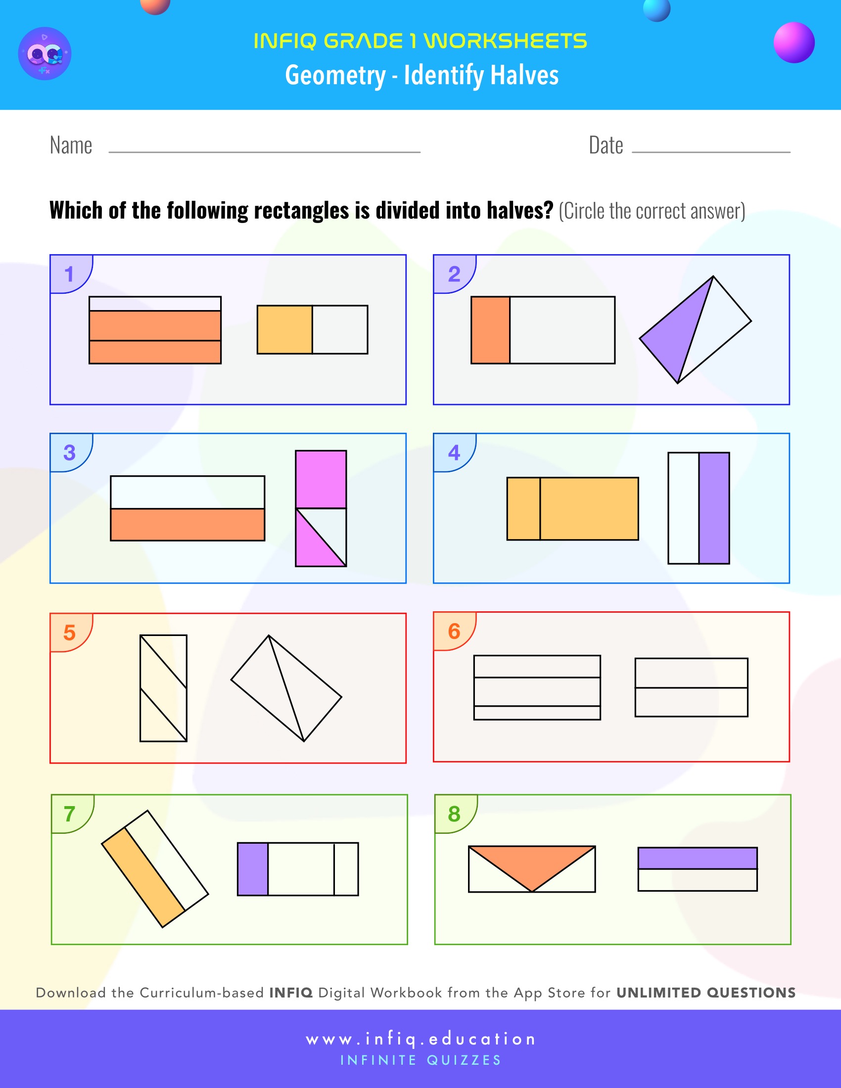 INFIQ | GRADE 1 Math Worksheets- Geometry - Identify Halves