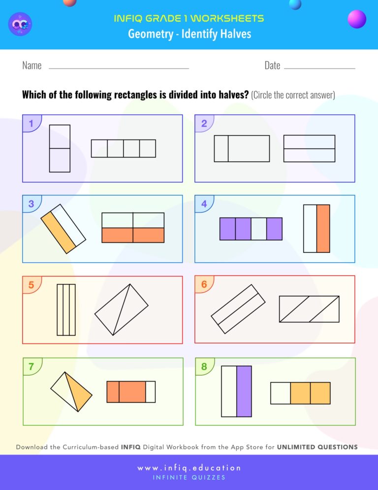 INFIQ | GRADE 1 Math Worksheets- Geometry - Identify Halves
