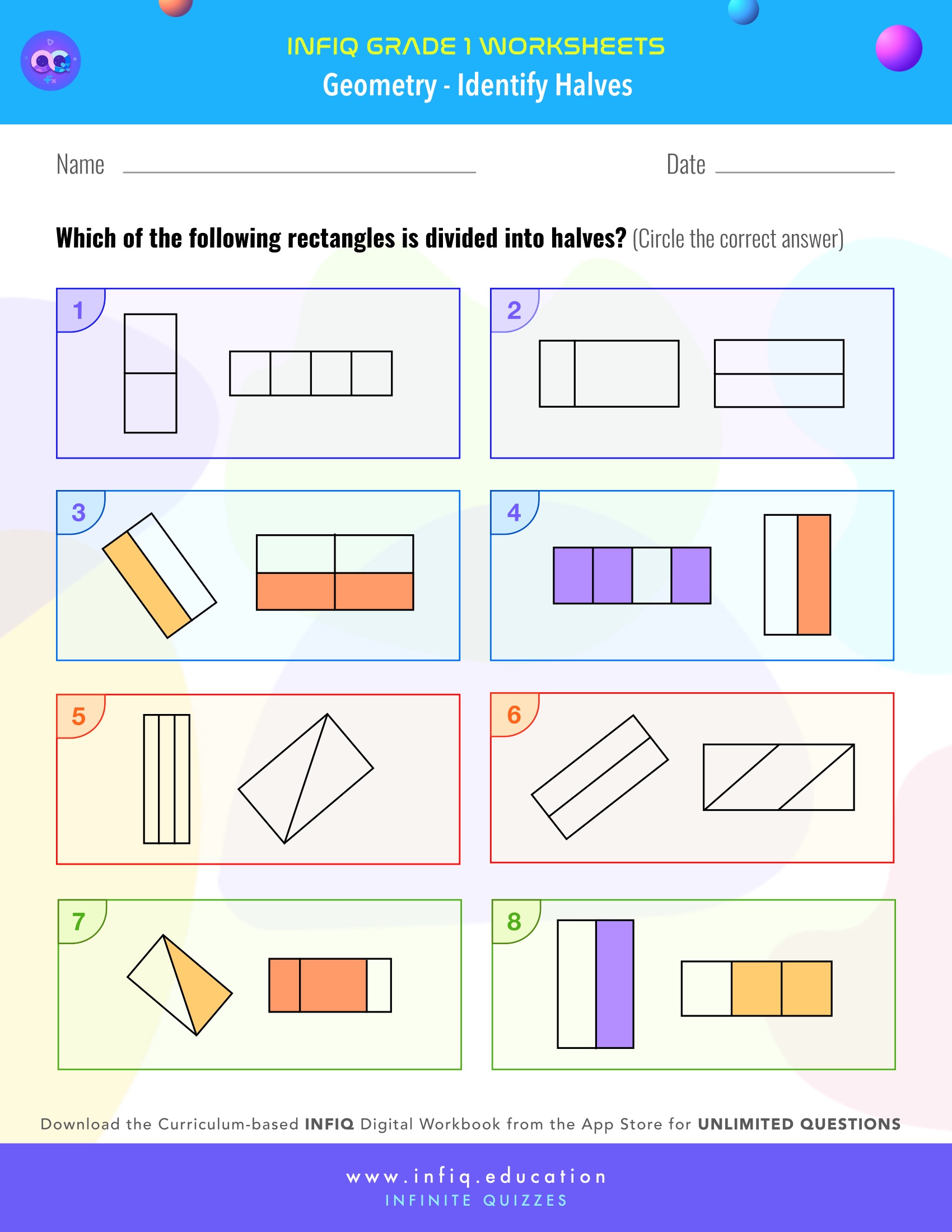 INFIQ | GRADE 1 Math Worksheets- Geometry - Identify Halves