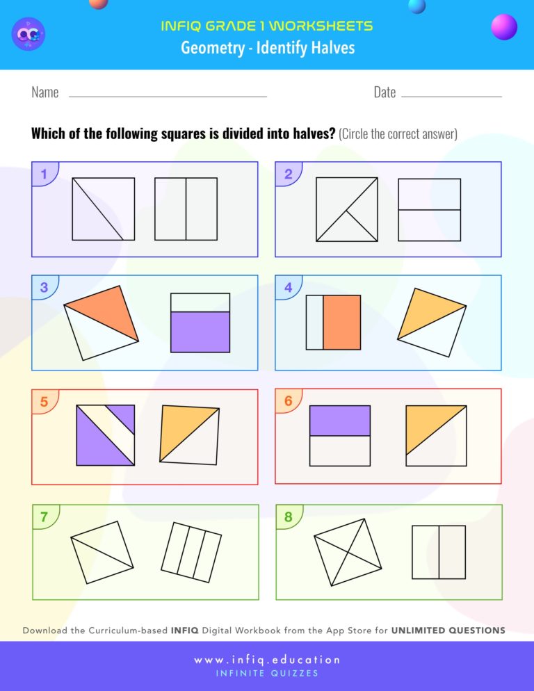 INFIQ | GRADE 1 Math Worksheets- Geometry - Identify Halves