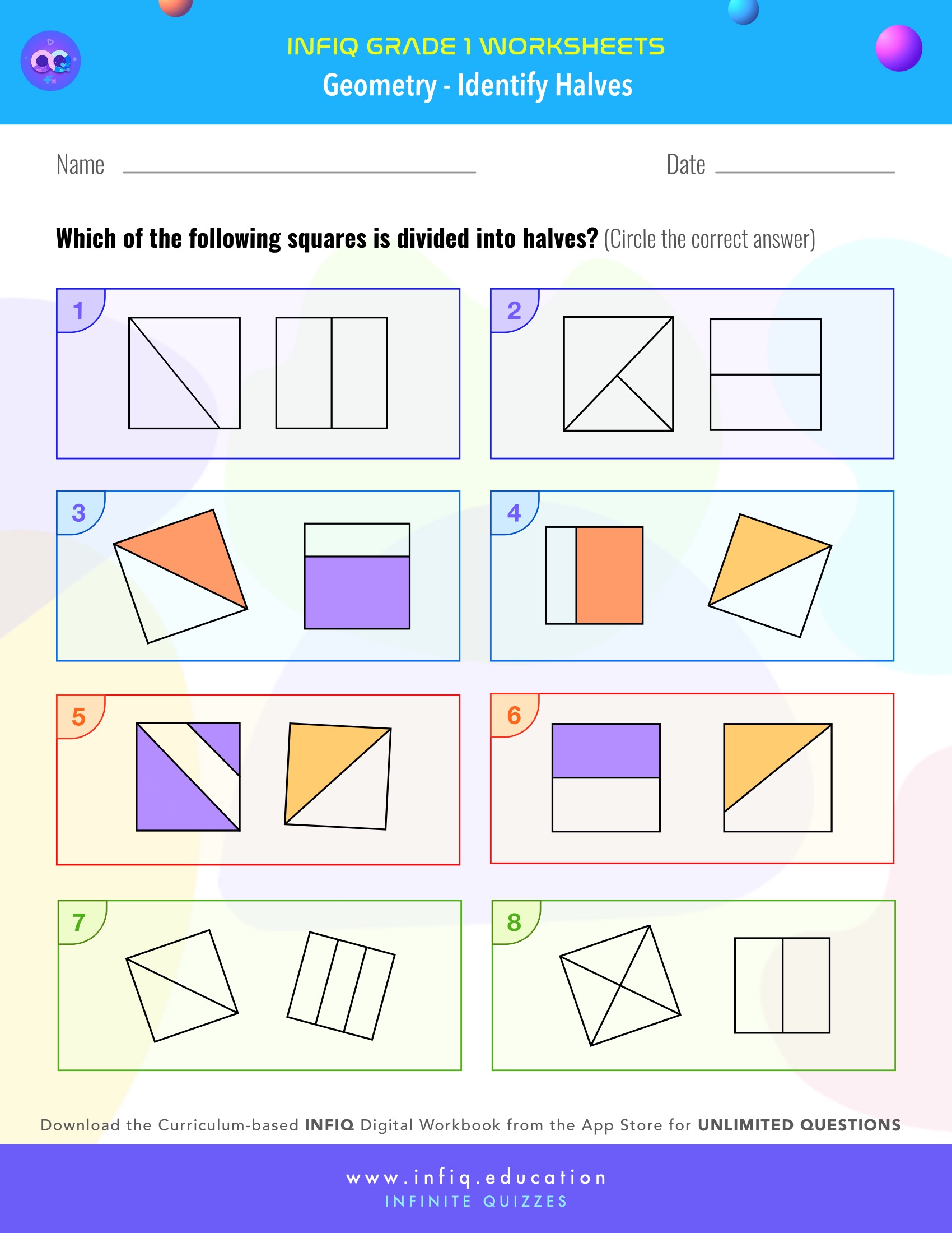 INFIQ | GRADE 1 Math Worksheets- Geometry - Identify Halves