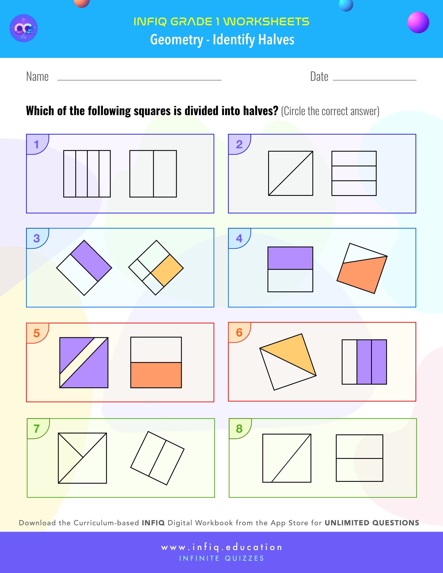 INFIQ | GRADE 1 Math Worksheets- Geometry - Identify Halves