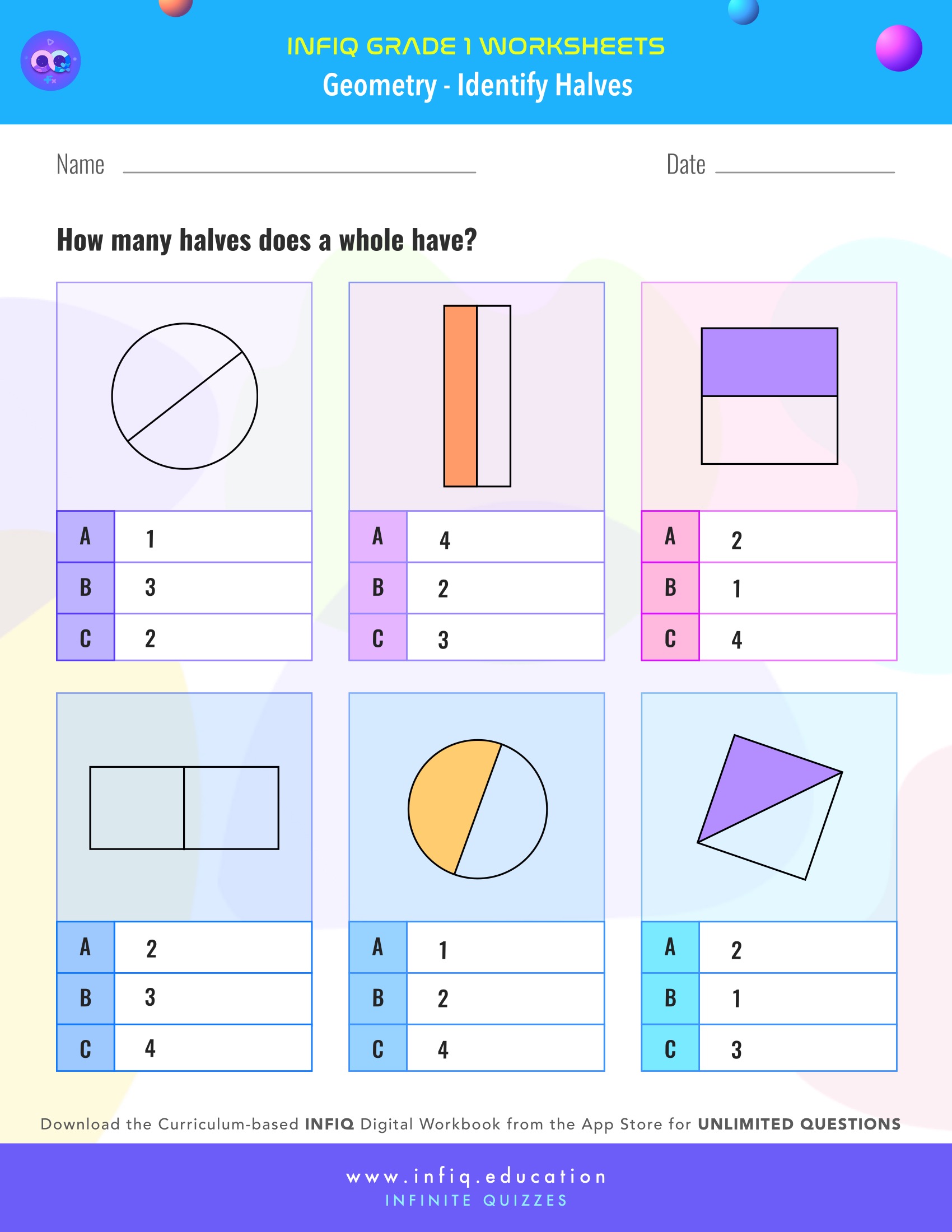 INFIQ | GRADE 1 Math Worksheets- Geometry - Identify Halves