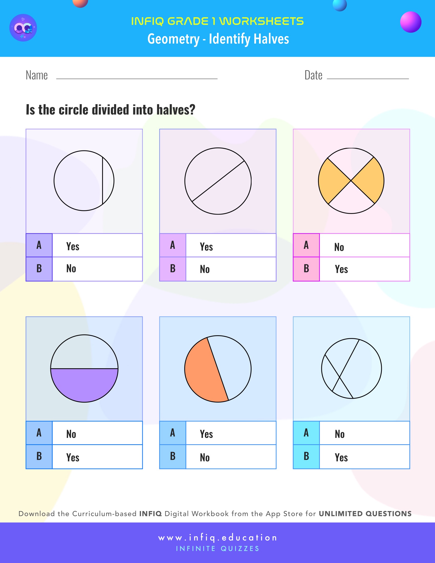 INFIQ | GRADE 1 Math Worksheets- Geometry - Identify Halves