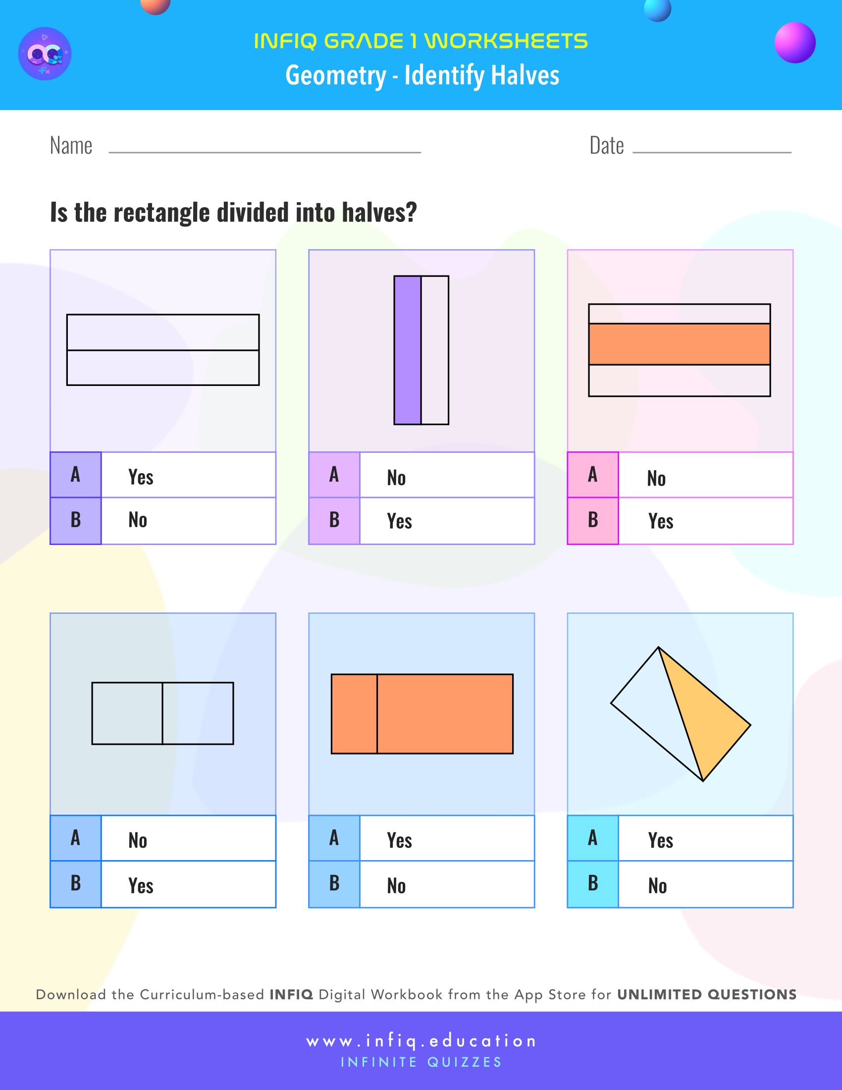 INFIQ | GRADE 1 Math Worksheets- Geometry - Identify Halves