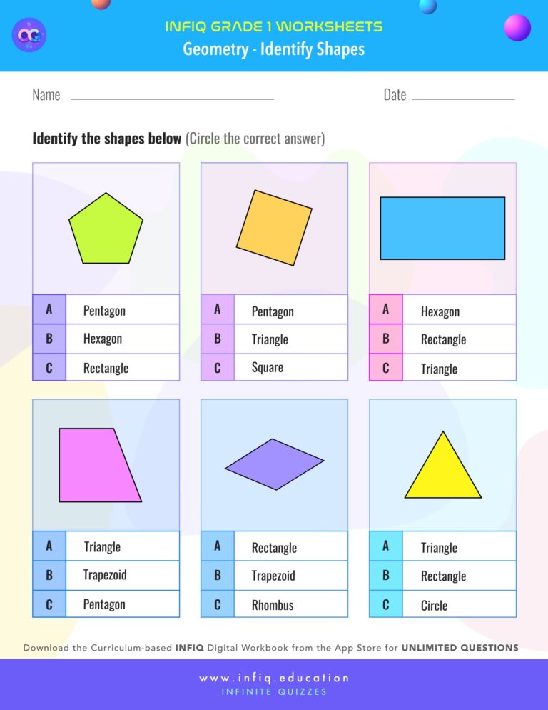 INFIQ | GRADE 1 Math Worksheets- Geometry - Identify Shapes