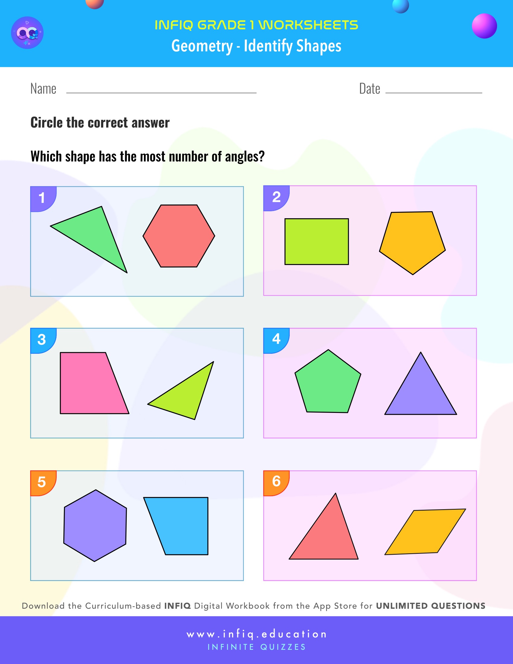 INFIQ | GRADE 1 Math Worksheets- Geometry - Identify Shapes