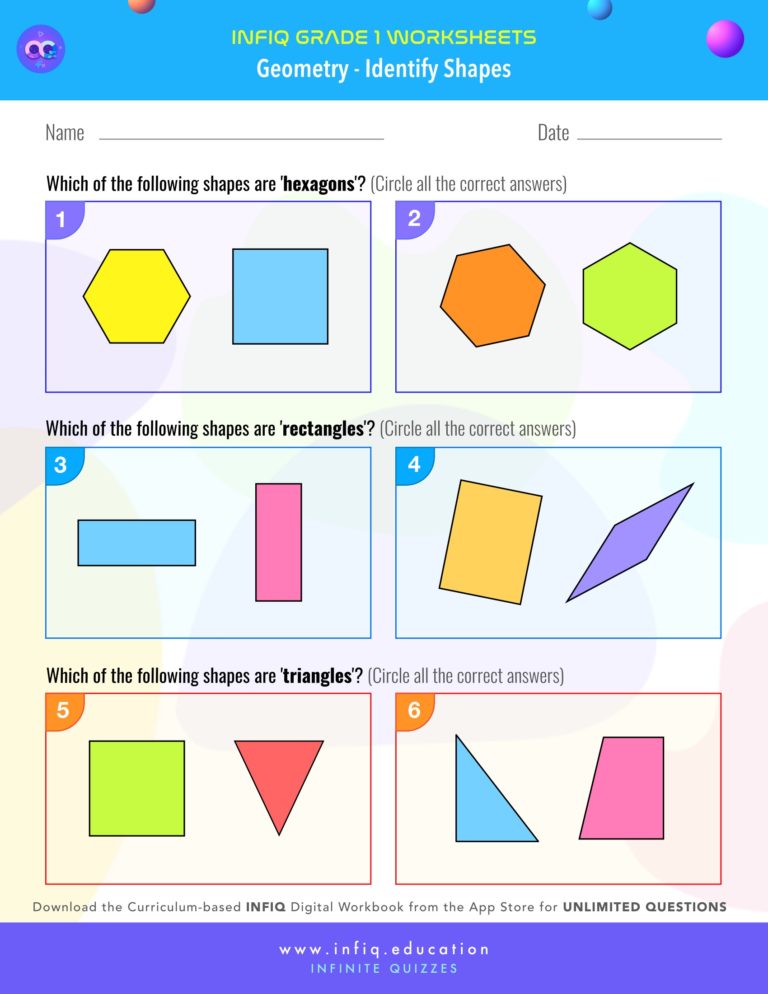 INFIQ | GRADE 1 Math Worksheets- Geometry - Identify Shapes