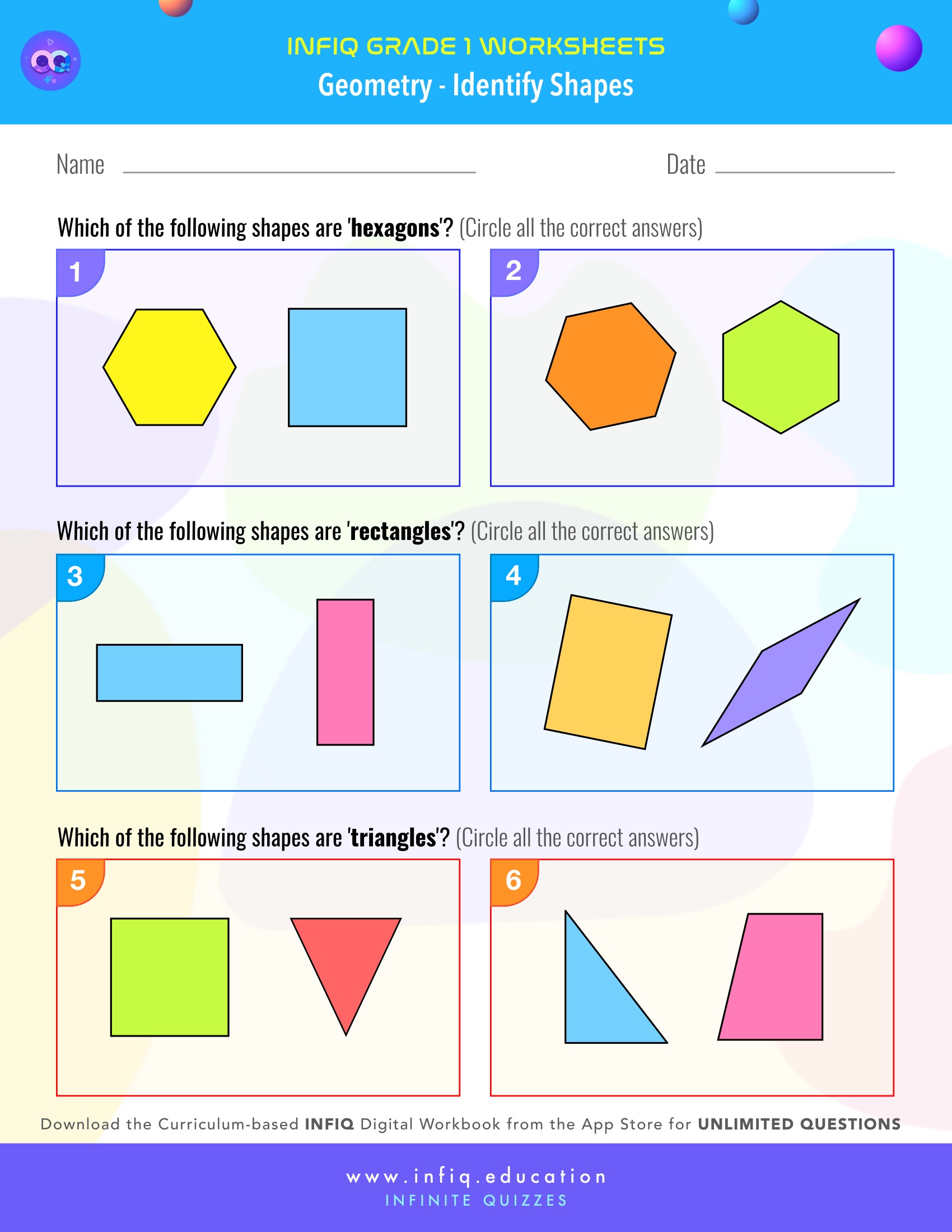 INFIQ | GRADE 1 Math Worksheets- Geometry - Identify Shapes