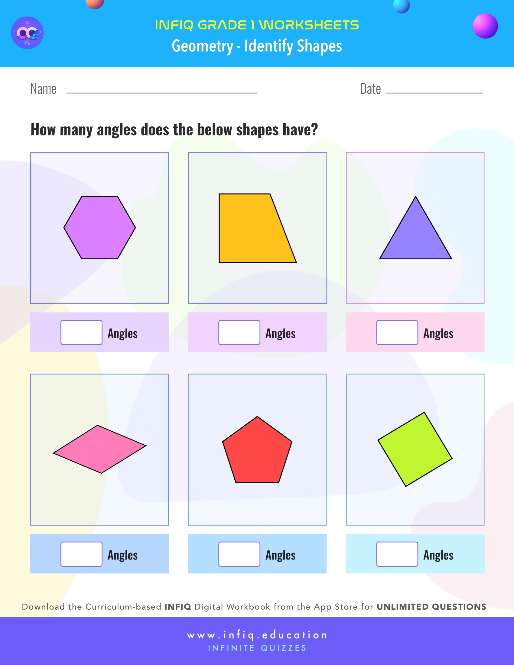 INFIQ | GRADE 1 Math Worksheets- Geometry - Identify Shapes
