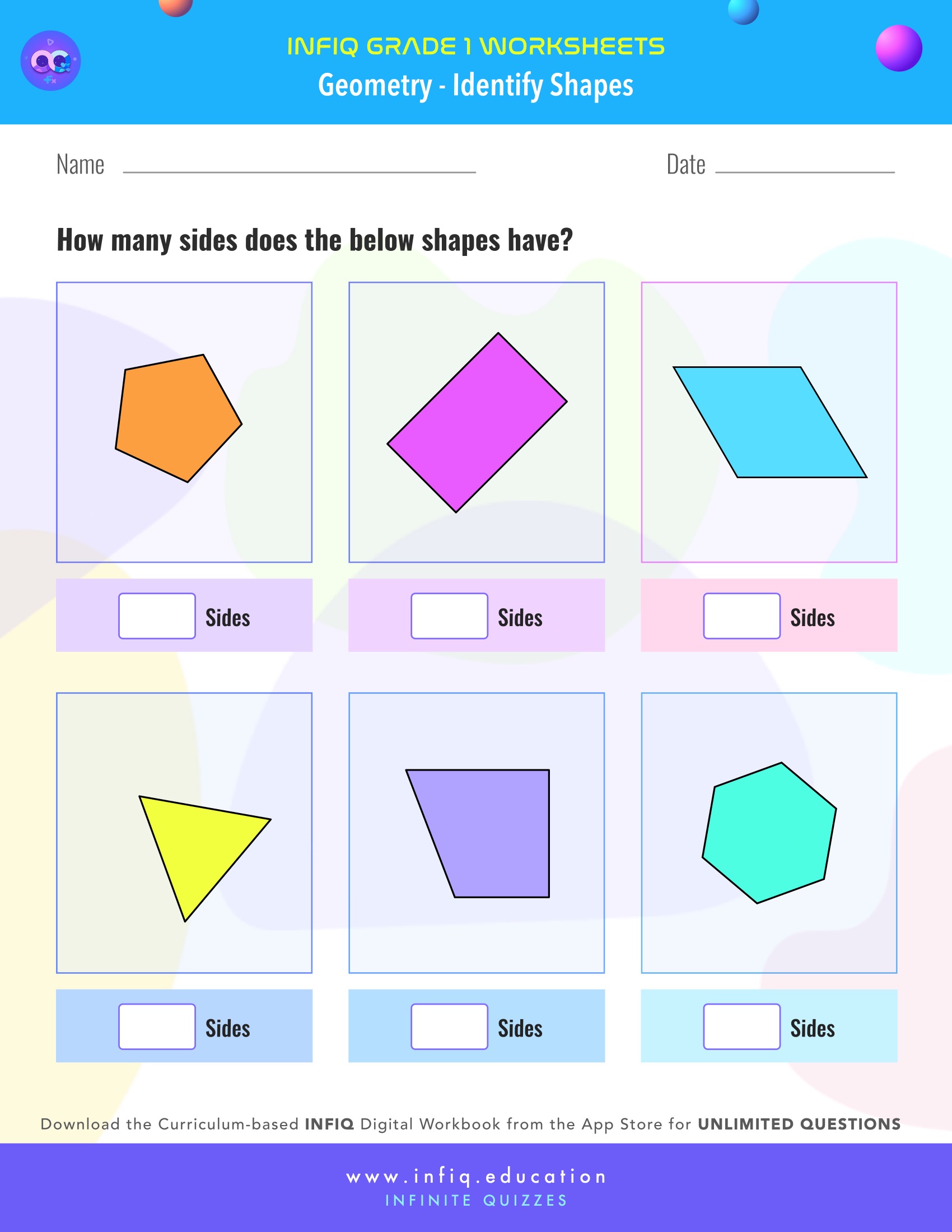 INFIQ | GRADE 1 Math Worksheets- Geometry - Identify Shapes