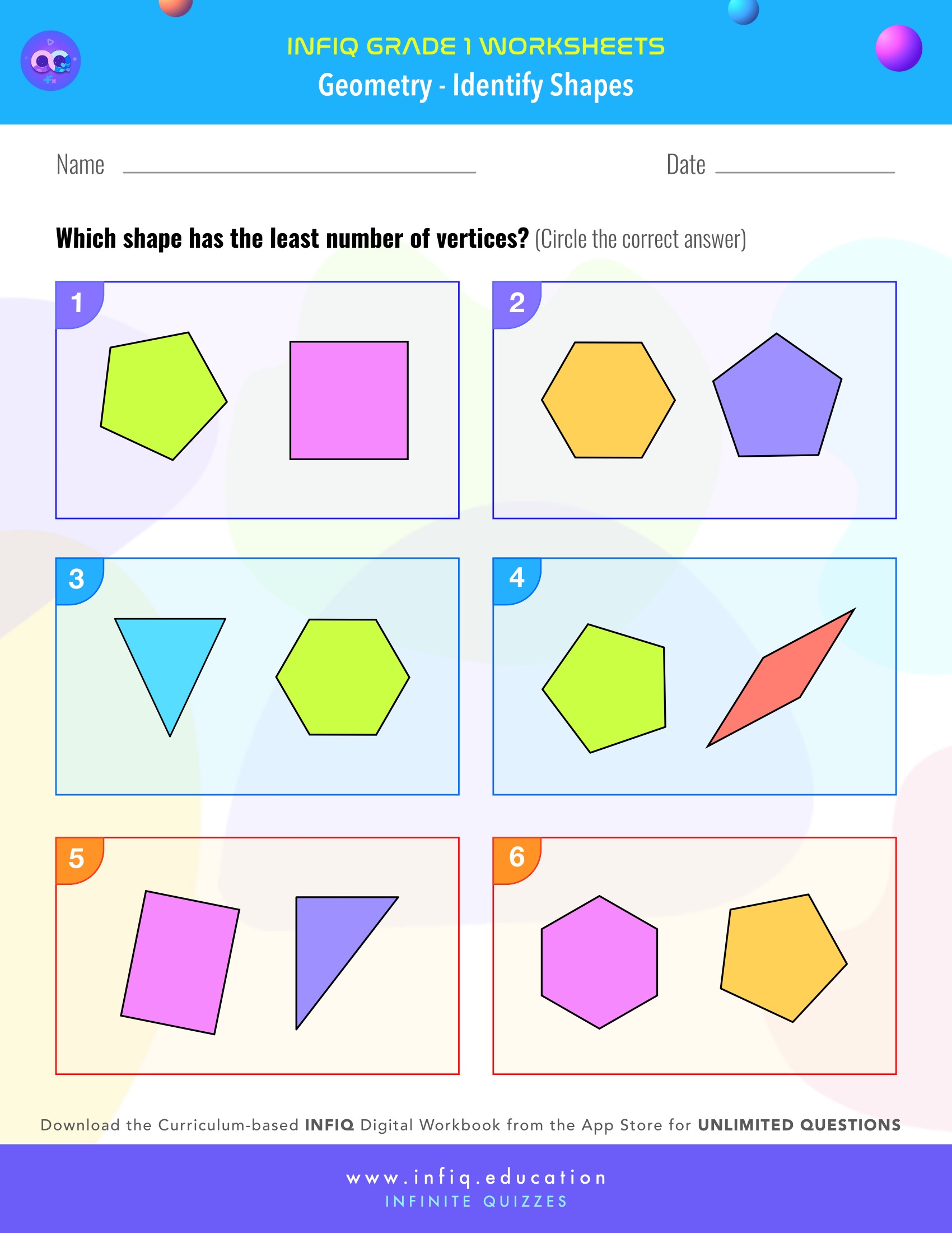 INFIQ | GRADE 1 Math Worksheets- Geometry - Identify Shapes