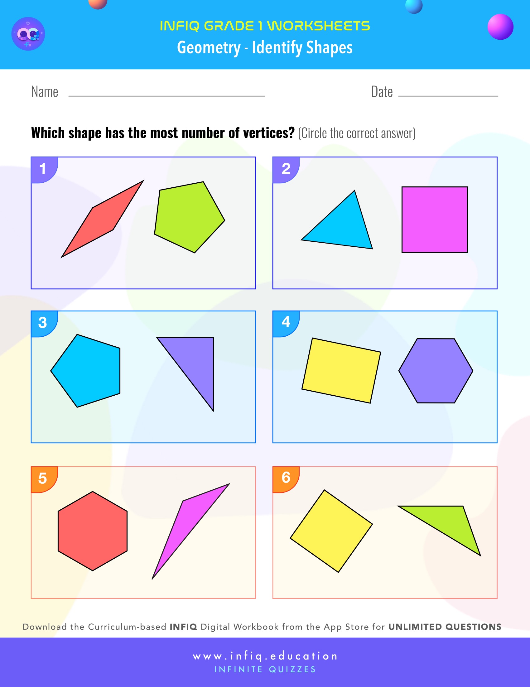 INFIQ | GRADE 1 Math Worksheets- Geometry - Identify Shapes