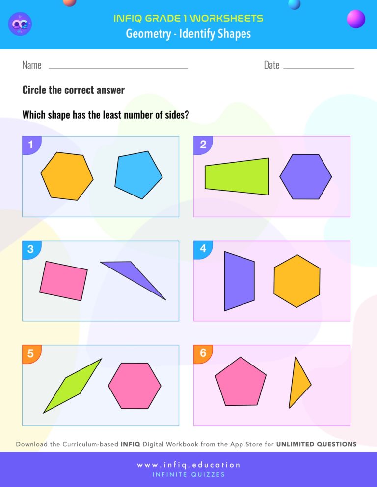 INFIQ | GRADE 1 Math Worksheets- Geometry - Identify Shapes