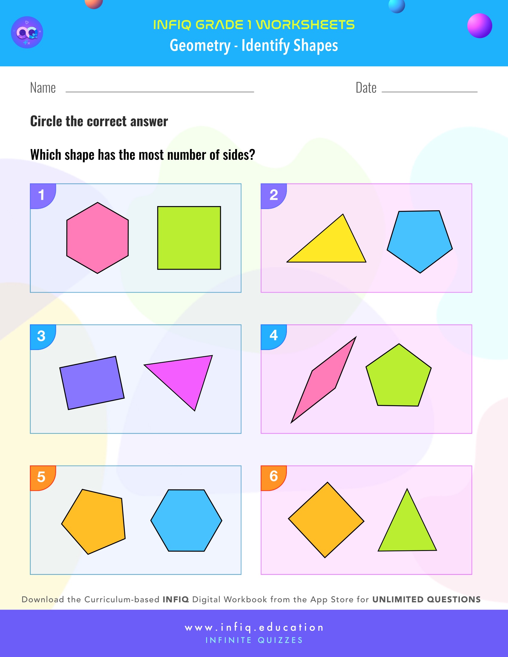 INFIQ | GRADE 1 Math Worksheets- Geometry - Identify Shapes